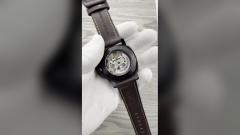 Men's Black Cushion Case Automatic Watch Black Dial Brown Leather Strap Military Diver Wristwatch