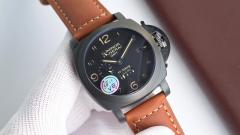 Men's Black Ceramic Cushion Case GMT Automatic Watch 10-Day Power Reserve Black Dial Brown Leather S
