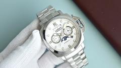 Men's Steel Cushion Case Automatic Chronograph Watch White Dial Moonphase Steel Bracelet Wristwatch