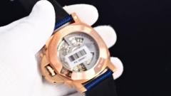 Men's Rose Gold Cushion Case Automatic Watch Blue Dial Blue Nylon Strap Small Seconds Wristwatch