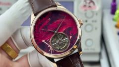 Red Phoenix Enamel Dial Tourbillon Watch Rose Gold Case Brown Leather Strap