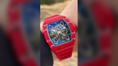Men's Tonneau Skeleton Sport Watch, Red Case Red Rubber Strap Automatic Wristwatch