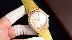 Rose Gold Automatic Ladies Watch, Diamond Bezel Pink Dial Yellow Crocodile Grain Leather Strap Wrist