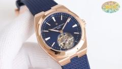 42mm Rose Gold Tourbillon Watch Blue Dial Rubber Strap