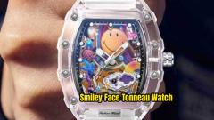 Transparent Tonneau Smiley Face Skeleton Mechanical Watch Display & Wearing Show