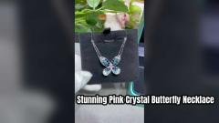 Pink Gradient Crystal Butterfly Pendant Necklace Silver Tone Women Jewelry