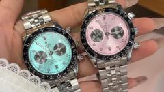 41MM Retro Racing Automatic Chronograph Watch, Turquoise & Pink Dial 200M Waterproof Unisex Sports W