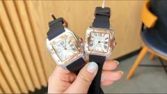 Two‑Tone Rose Gold Square Wrist Watch Rubber Strap Roman Numeral Dial Date Dress Watch