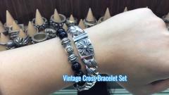 Vintage Silver Cross Bracelet Set, Gothic Beaded Bracelet for Men