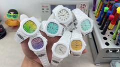 Men's Octagon White Ceramic Sport Watch, Multi-Color Gradient Textured Dial Automatic Wristwatch