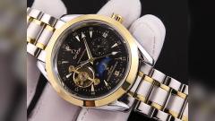 Wholesale Men's Automatic Mechanical Watch Black Dial Two-Tone Gold Steel Skeleton | OEM