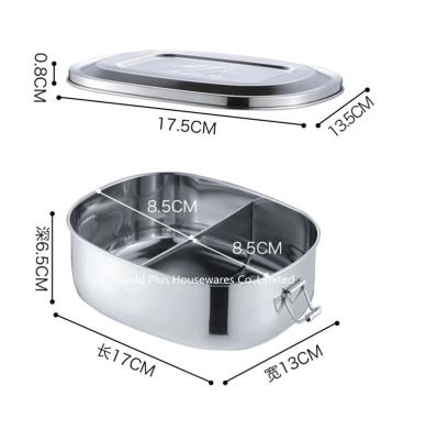 900ml Freshness preservation stainless steel food container rectangle lunch box with two dividers
