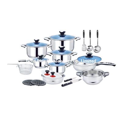 China 25pcs Non Stick Soup Pot SS Kitchen Utensils Long Handle With Blue Glass Lid for sale