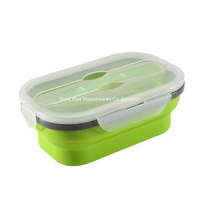 China Green Food Grade Silicone Lunch Box With Spoon And Fork Collapsible for sale