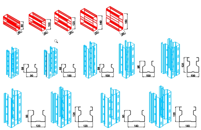 Technical diagram of shelving upright and beam sections