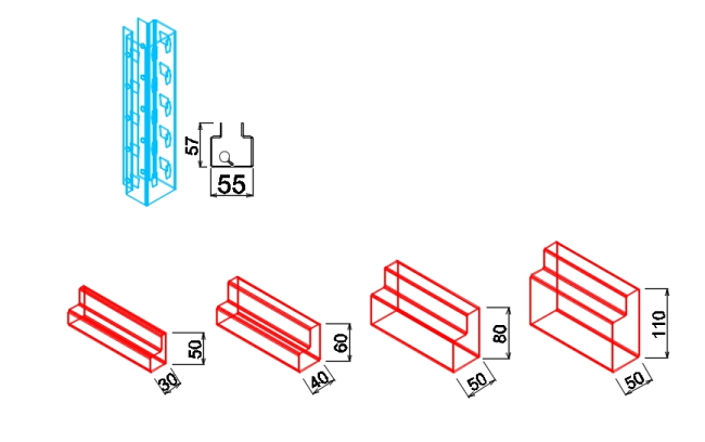 Technical diagram of shelving upright and beam sections