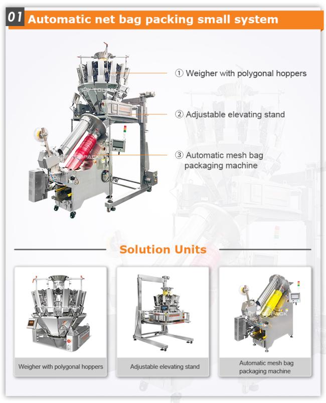 Close-up view of mesh bag packaging process