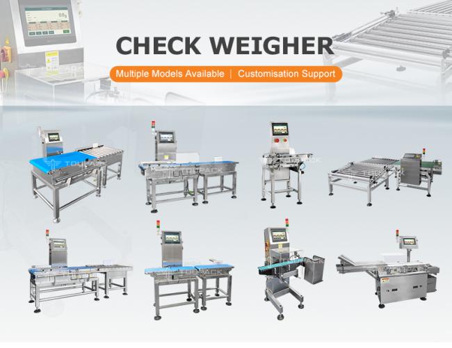 Packed food check weigher conveyor system front view