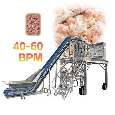 China High-Speed Automatic Meat Tray Packing Line with Screw Feed Multihead Weigher for Sticky and Fresh Proteins for sale