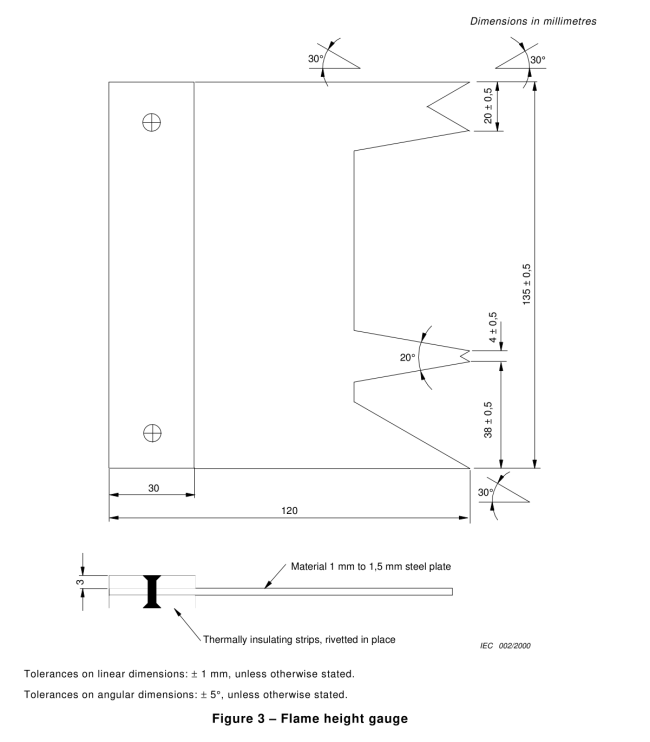 Technical diagram of IEC 60695-11-3 Flame Height Gauge