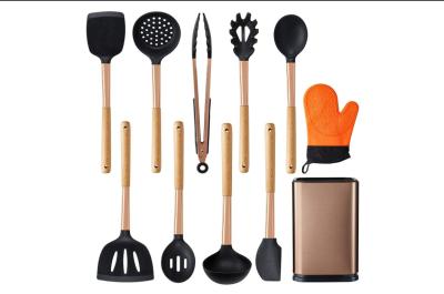 Chine 11pcs Rose Gold Silicone Cooking Utensils a placé avec le support de cuivre d'ustensile à vendre
