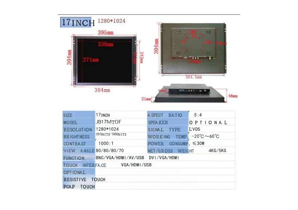 SXGA 1280 x 1024 17 インチモニター Lcd 1000cd/m2 オープンフレームモニター JB17MTOF