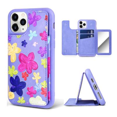 China Tampa móvel da composição floral de Kickstand da caixa do telefone do bolso de cartão do teste padrão para Iphone 12 à venda