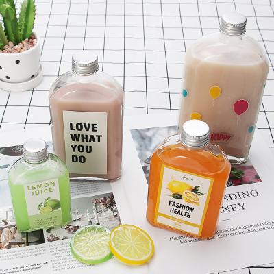 China Hot Sale Proper Price Disposable Custom Fashion Flat Square 400Ml Milk Tea Glass Juice Bottle for sale
