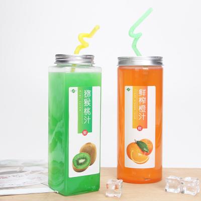 China Factory Sell 500ml 600ml PET Transparent Plastic Square Bubble Tea Juice Bottles With Aluminum Cap And Straws for sale