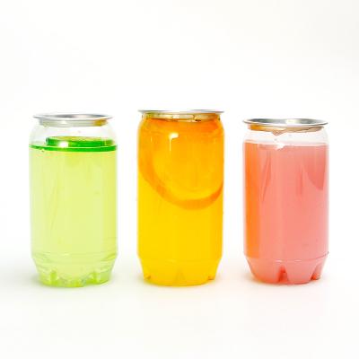 China Wholesale proper price 330ml 350ml 500ml 550ml 650ml PCR RPET clear juice can with easy open end, plastic beverage can for sale