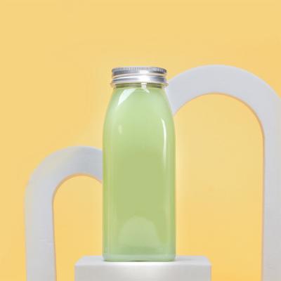 China 2022 Transparent Square PET Beverage Bottle Food Grade Plastic Bottle For Beverage Milk Tea Coffee 350ml With Aluminum Cap for sale