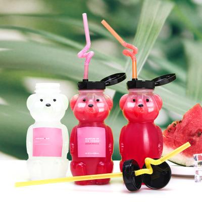 China Customized 230ml Empty Clear Pet Drink Plastic Bear Bottle with PP Cap Insertable Straw for sale