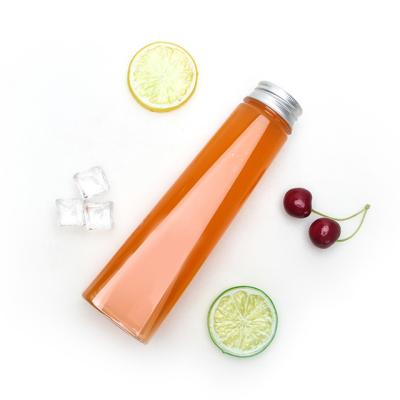 China Customized Logo Clear PET Wholesale 380ml Cold Plastic Bottle Conical Juice Drink Smoothie Bottle Packaging With Aluminum Cap for sale