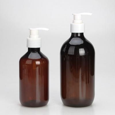 China Custom Eco-friendly RPET 500ml PET Plastic Amber Green Cosmetic Bottle Shampoo Bottle with Lotion Pump refillable bottles for sale