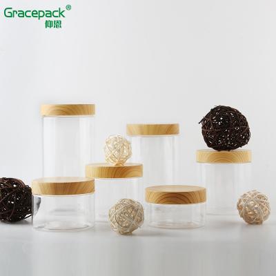 China Factory sell Ice Cream Wide Mouthed Jar with aluminum cap, PET Jars With Bamboo wooden PP lid,plastic jar with bamboo lid for sale