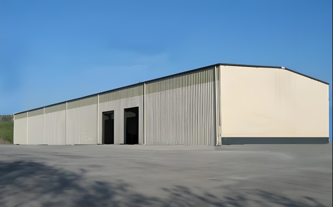 Steel structure warehouse exterior view showing large span design