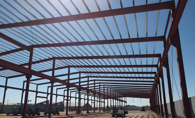 Interior view of steel structure warehouse showing support beams and open space