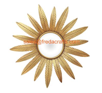 China leaf shape metal framed wall mirror with middle convex mirror gold finish for sale