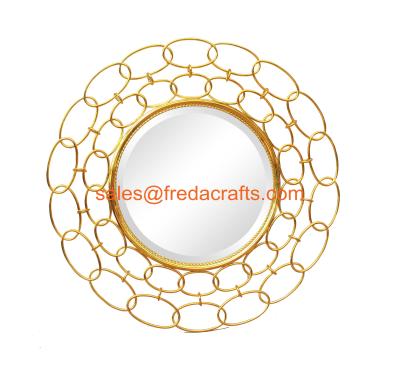 China Shiny gold finish metal framed wall mirror metal chain decoration middle bevelled mirror for sale