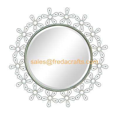 China Silver Finish Eleglant Design Metal Flower Decorated Wall Mirror Metal Framed Mirrors for sale