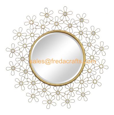 China Flower Decorative Design  Metal frame Wall Mirror Gold finish with middle bevelled mirror wholesale for sale