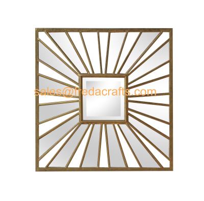 China Living Room Square Antique Gold Sunburst Mounted Modern Metal  Wall Mirror for sale