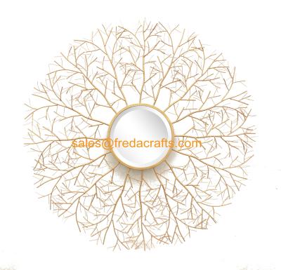 China FR-15129 Leaf handicraft round metal framed gold leaf finish large wall mirror for wall decor for sale
