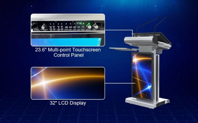 Multimedia podium side view showing ports and controls