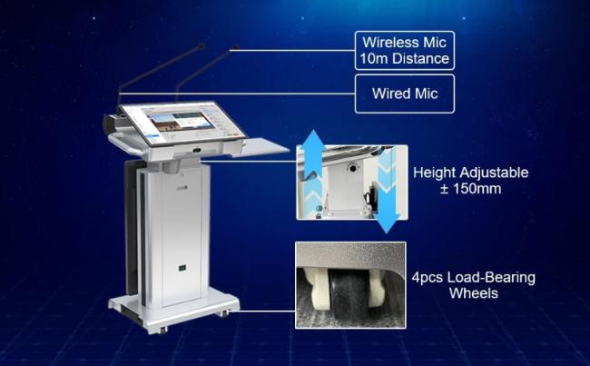 Multimedia podium front view showing display and controls