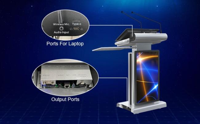 Multimedia podium rear view showing connectivity ports