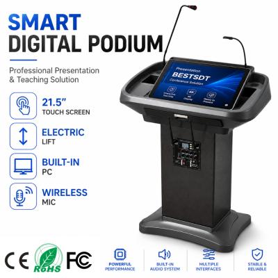 China Smart Digital Podium Motorized Lift 21.5 Inch Capacitive Touch Display Integrated Speaker Wireless Microphone Lectern for sale