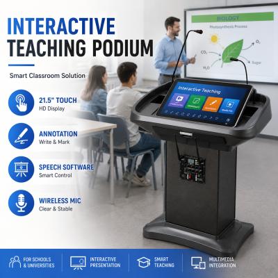 China Conference Digital Podium 21.5 Inch Touch Display Wireless Gooseneck Microphone Active Speaker Multimedia Lectern for sale