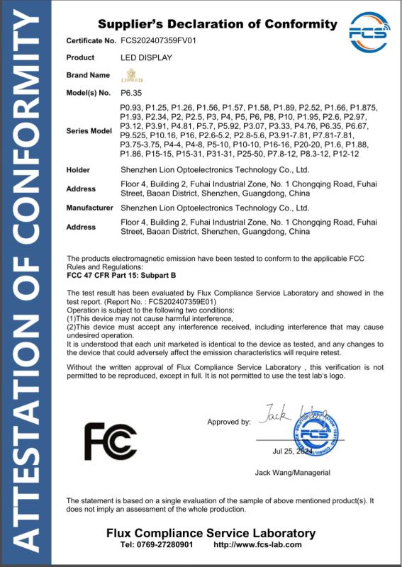 FCC - Shenzhen Lion Optoelectronics Technology Co., Ltd.