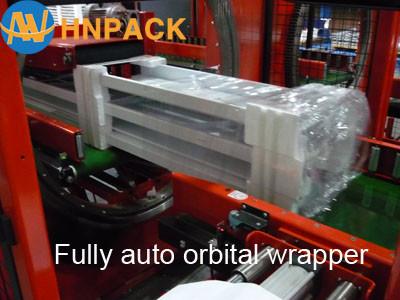 China Hennopack manaufacturer horizontal spiral aluminum tube pipe panel timber wrapper/orbital stretch film wrapping machine for sale